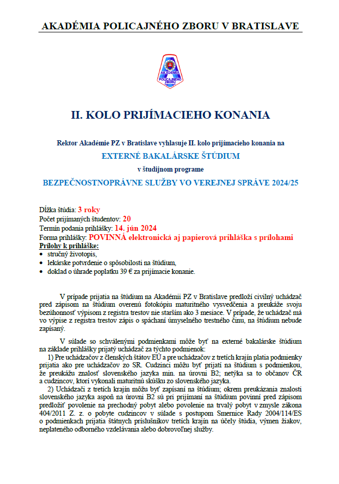 II. KOLO PRIJÍMACIEHO KONANIA BSVS BC EX 2024/25 | AkademiaPZ